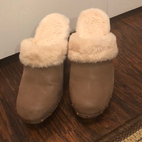 BAMBOO | Shoes | Taupe Nubuck Furry Studded Clogs | Poshmark